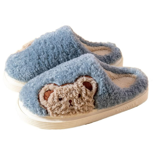 Women Cute Bunny Slippers Faux Fur Fluffy Winter Slip-On House Animal ...