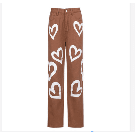 SAYOO Women Fashion Heart Print Jeans Ladies Stylish High Waist Pants ...