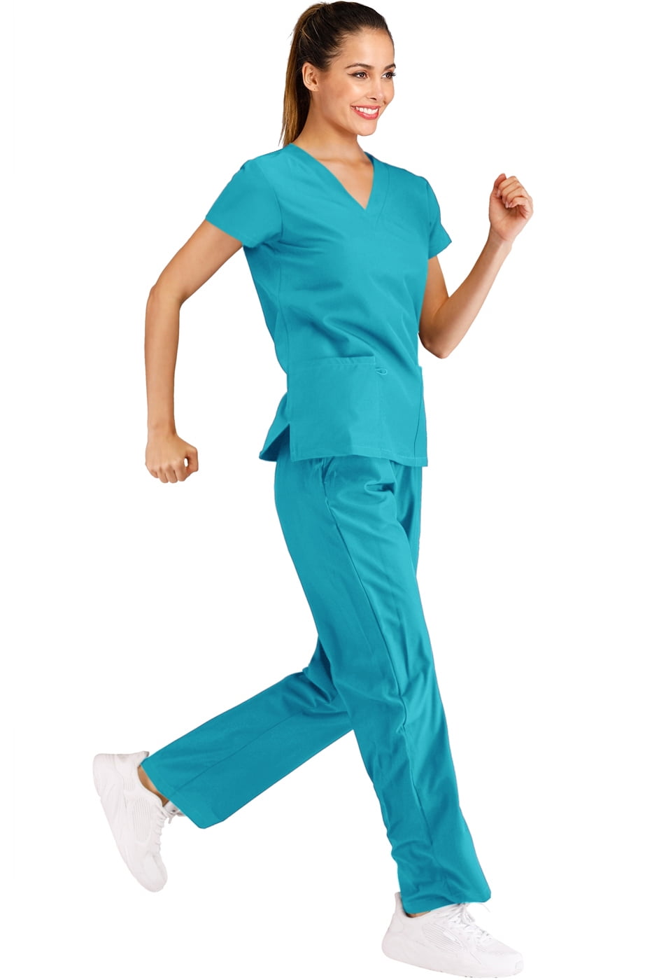 Minty Mint, Women's, V Neck Solid Stretch Medical Scrub Set, Teal, S ...
