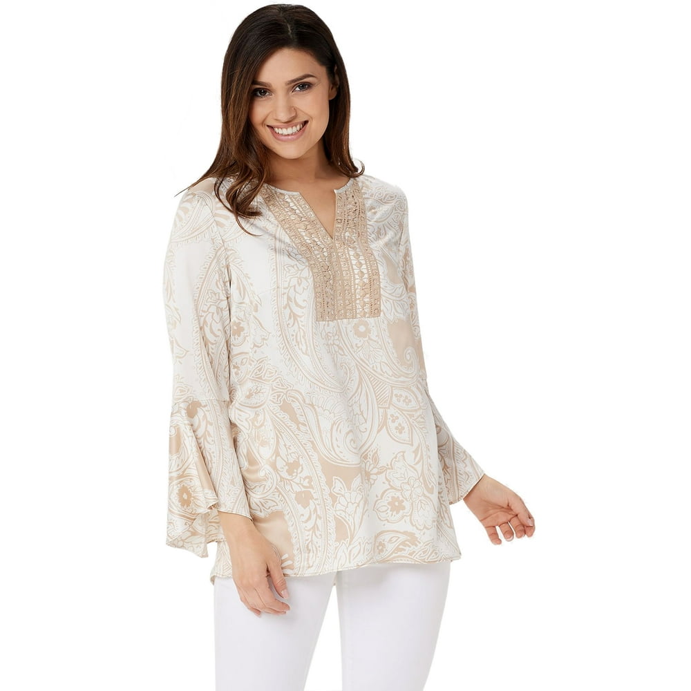 Susan Graver Susan Graver Womens Plus Printed Stretch Woven Blouse Lace Trim 18 Stone A349315