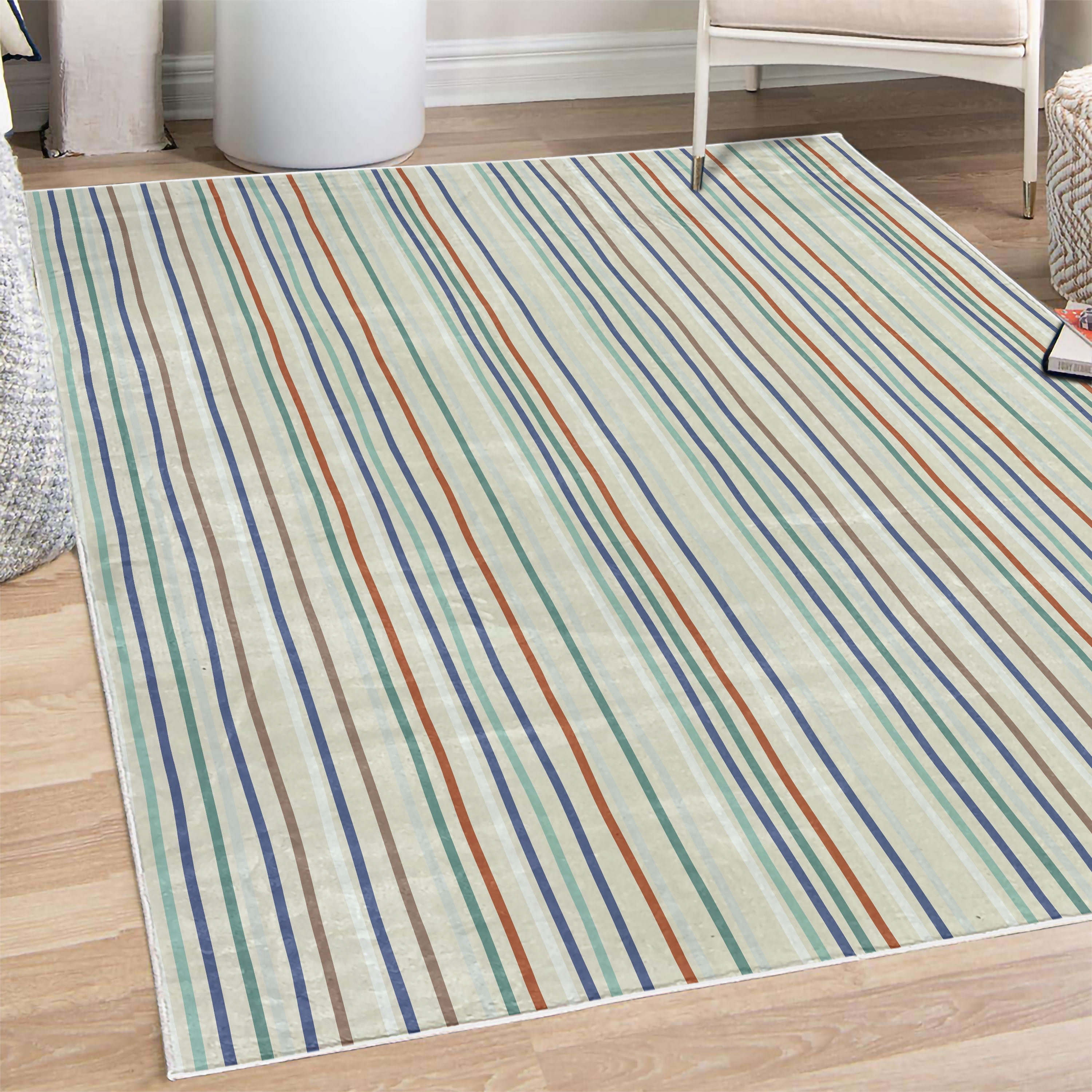 Geometric Decorative Rug, Retro Vertical Bands Wavy Striped Lines Hand ...