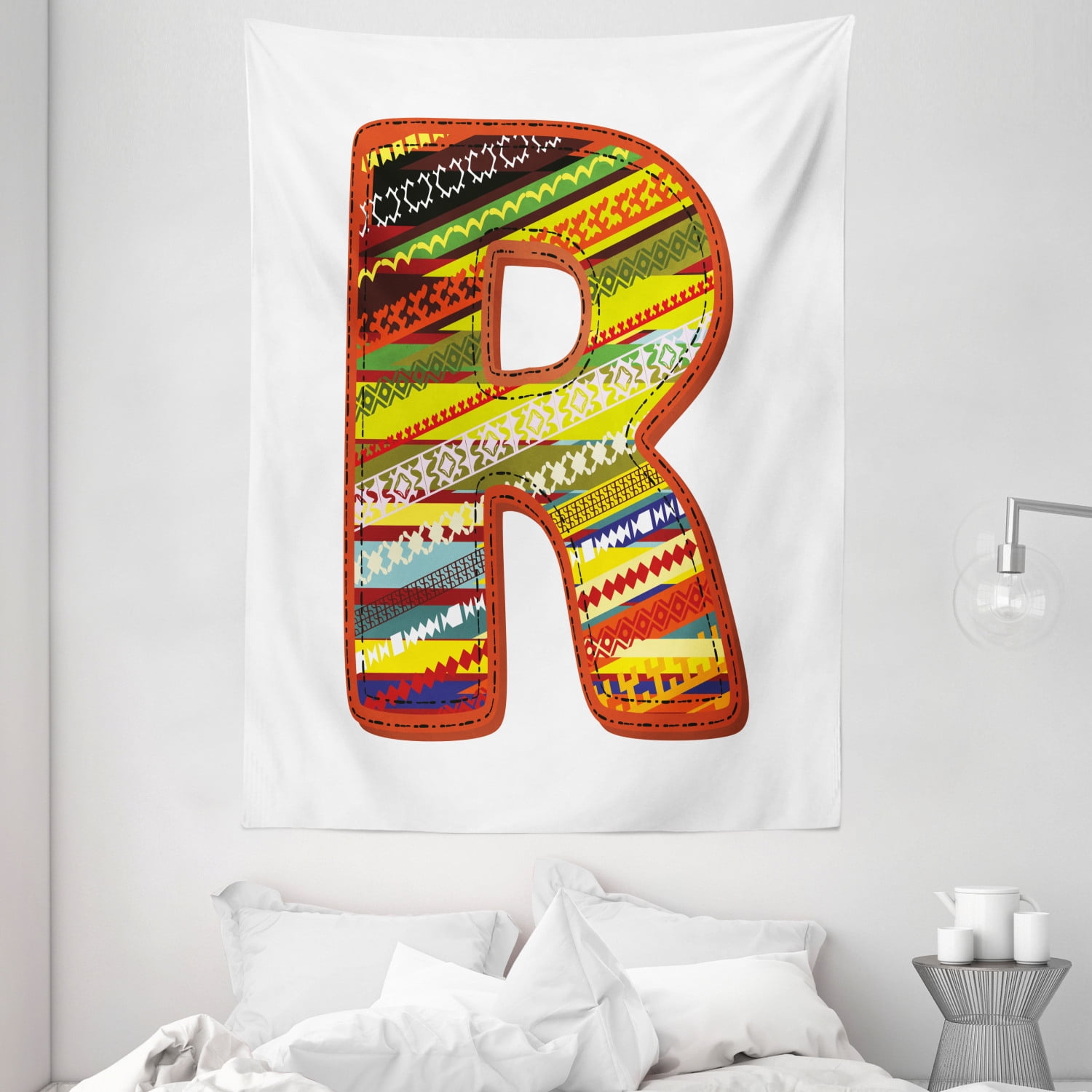 Letter R Tapestry, Ethnic Ornamental R Letter with Abstract Aztec ...