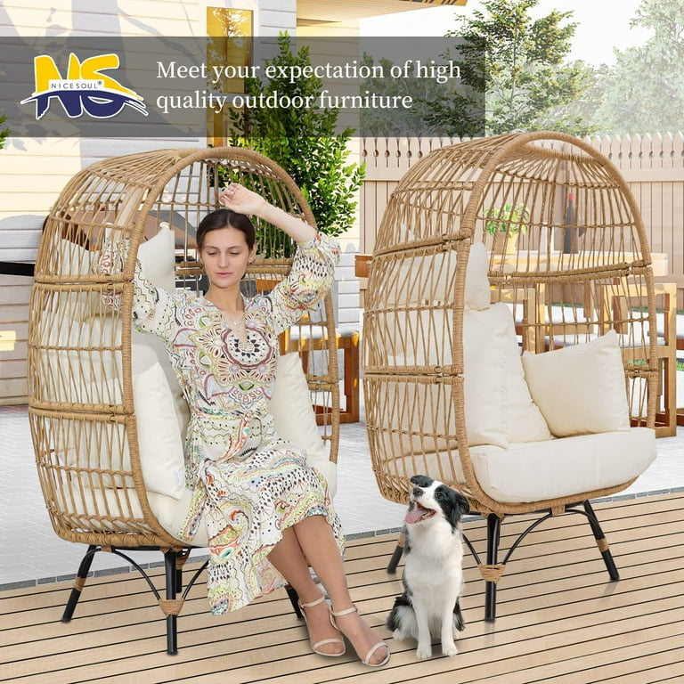 NICESOUL Beige Egg Chair Outdoor 2 Piece Lounge Chair Set Patio Wicker Egg Chairs with Legs 440lbs for Couples and Small Families