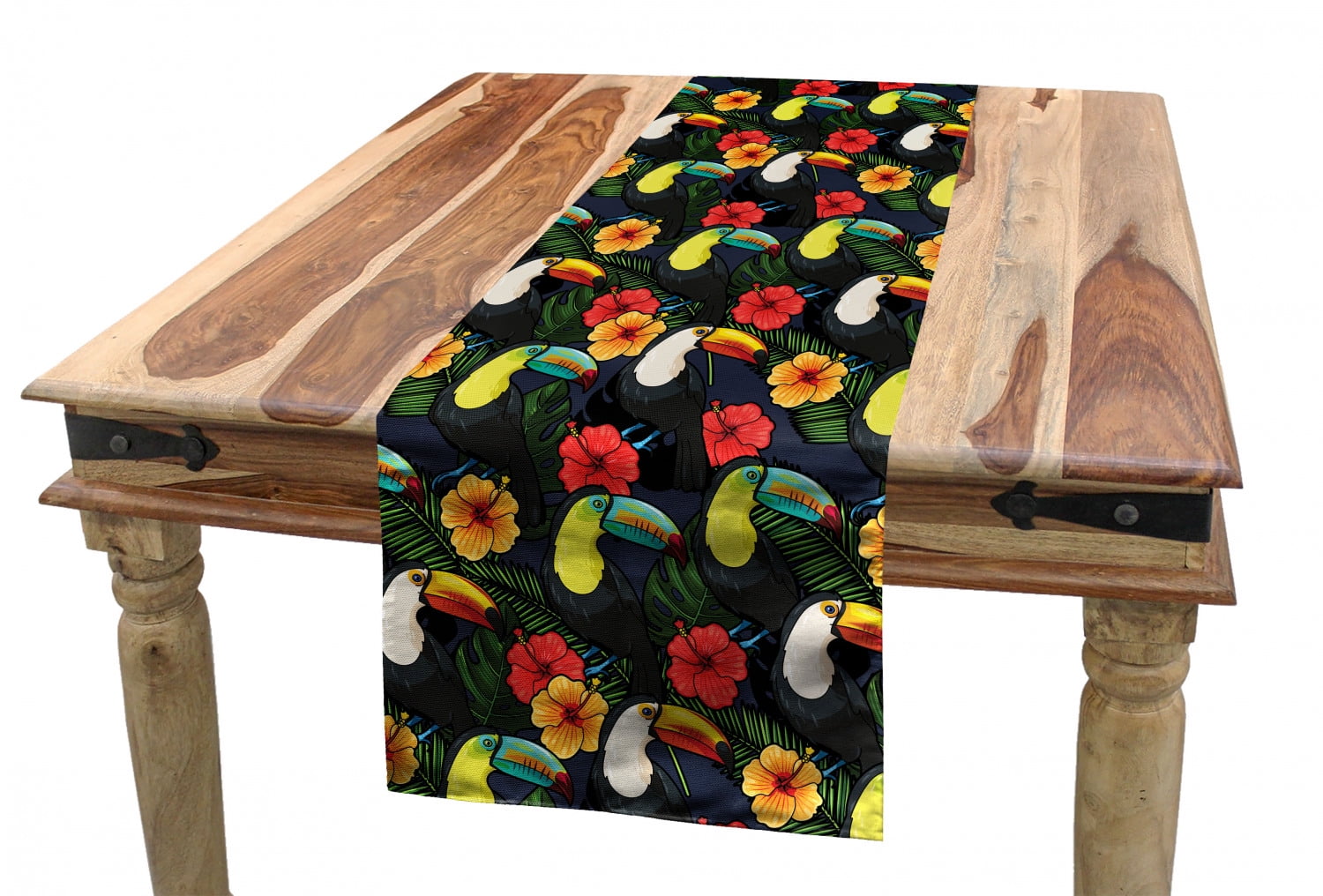 Watercolor Table Runner, Toucan Birds and Hibiscus Flowers Tropical ...