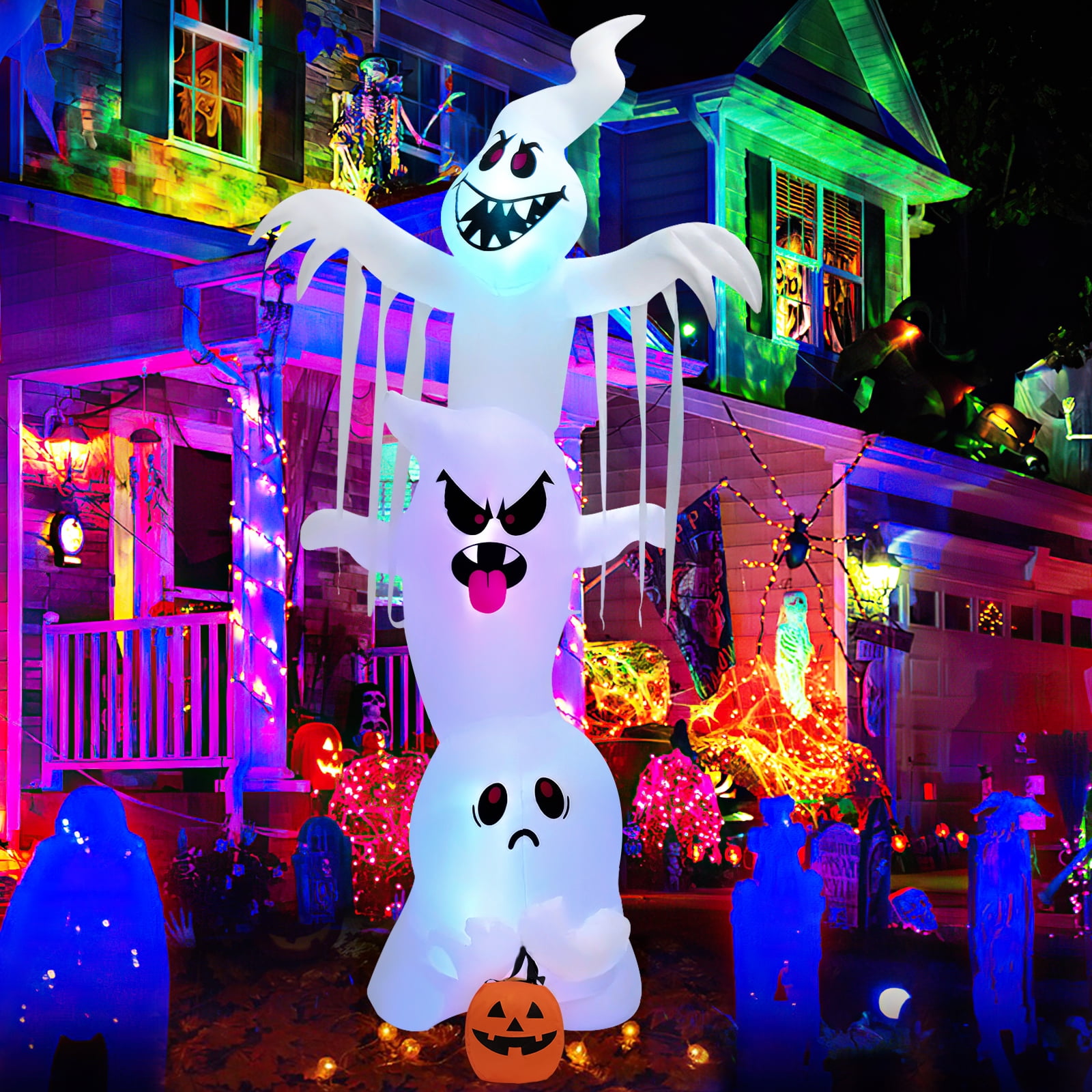 Topbuy 10FT Tall Halloween Inflatable Stacked Ghosts w/ Built-in RGB ...