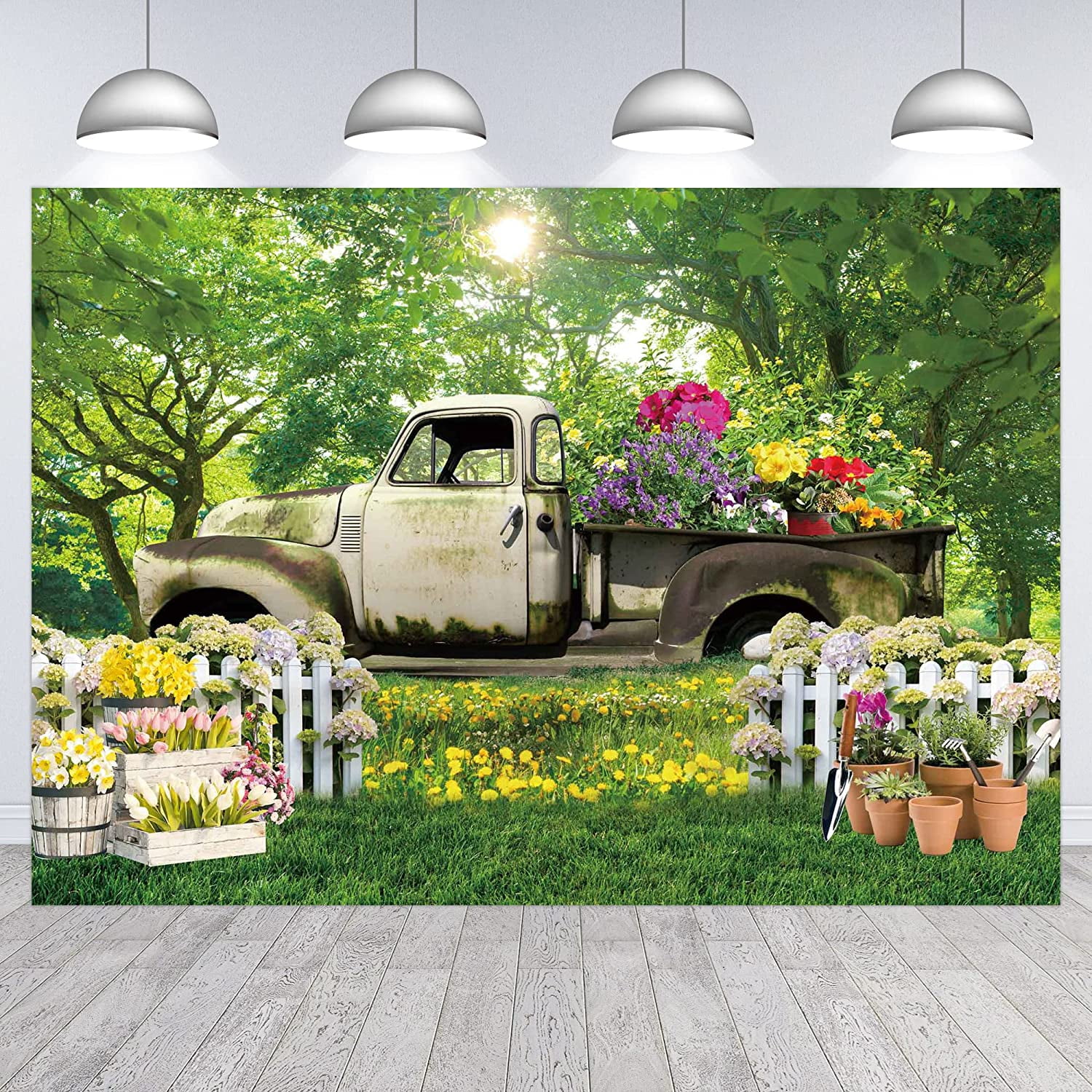 7×5ft Spring Garden Truck Backdrop Green Grass Floral Natural ...