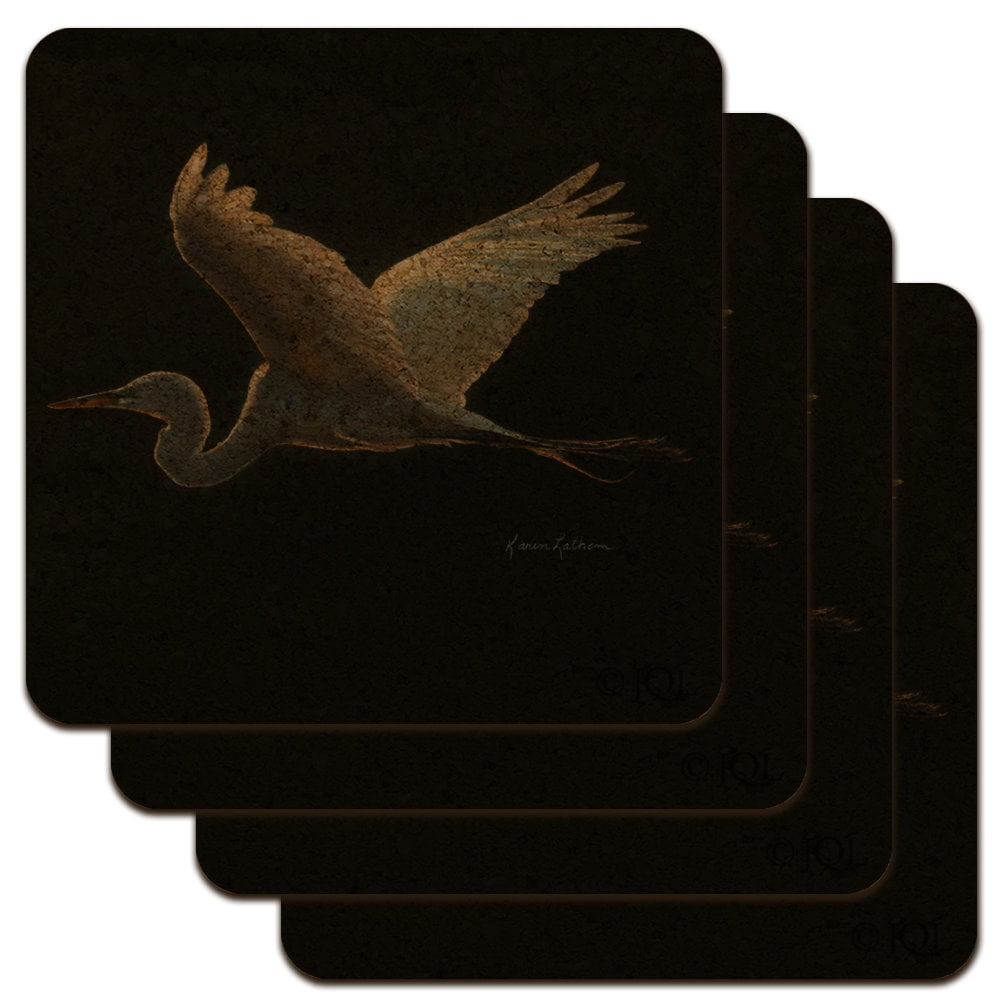 Great White Egret Heron in Flight Low Profile Novelty Cork Coaster Set ...