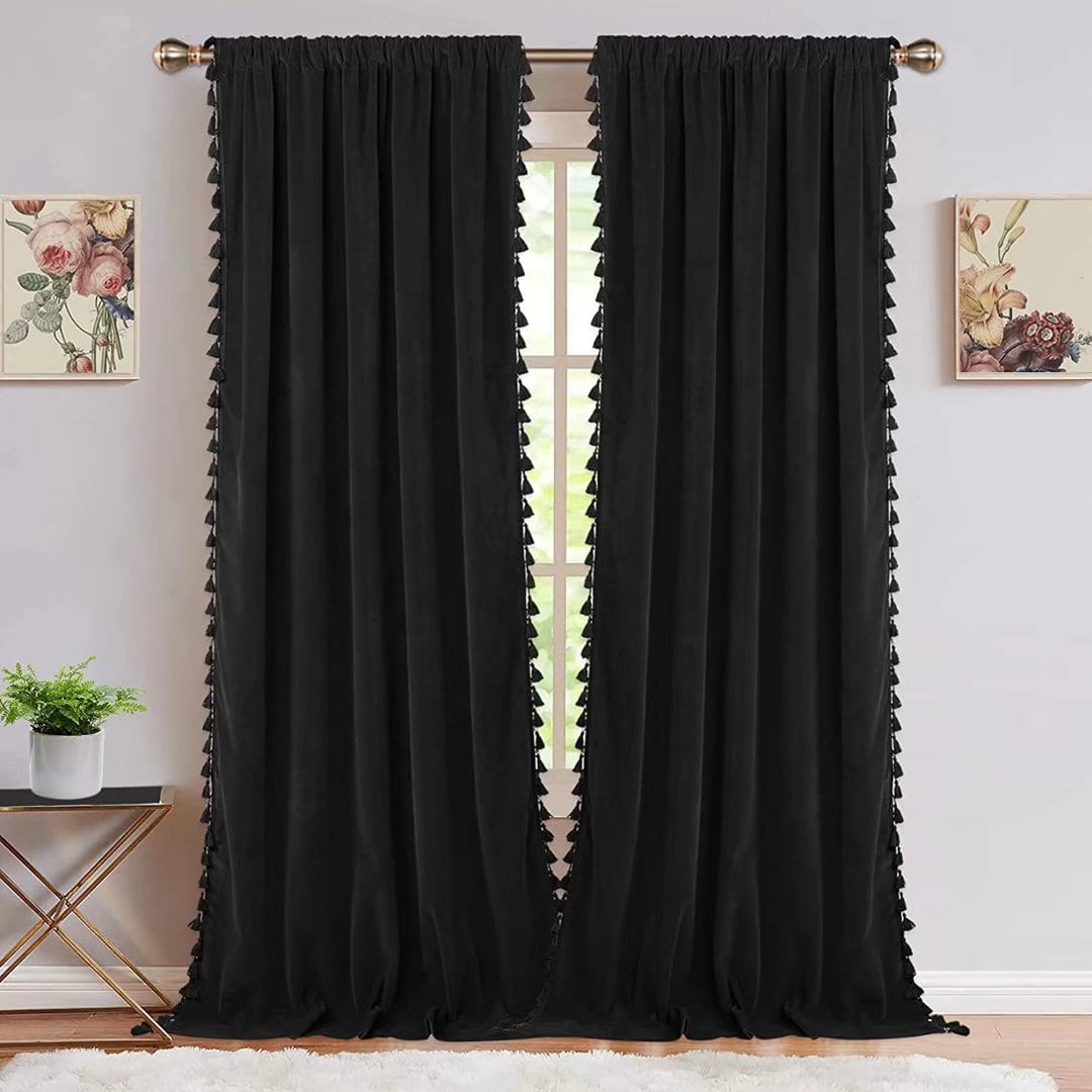 Haperlare Extra Long 108" Velvet Curtains for Living Room Boho Tassels ...