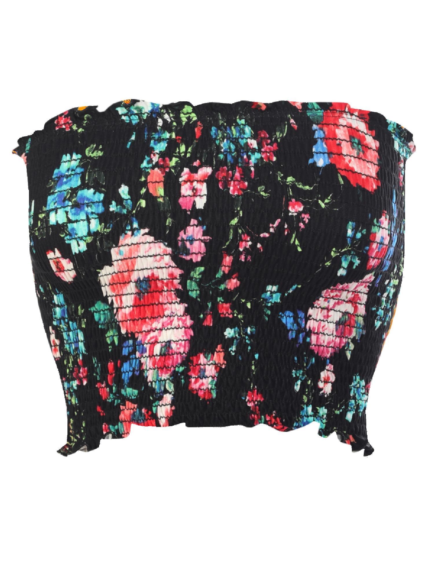 MixMatchy Women's Floral Print Smocked Lettuce Edge Crop Tube Top ...