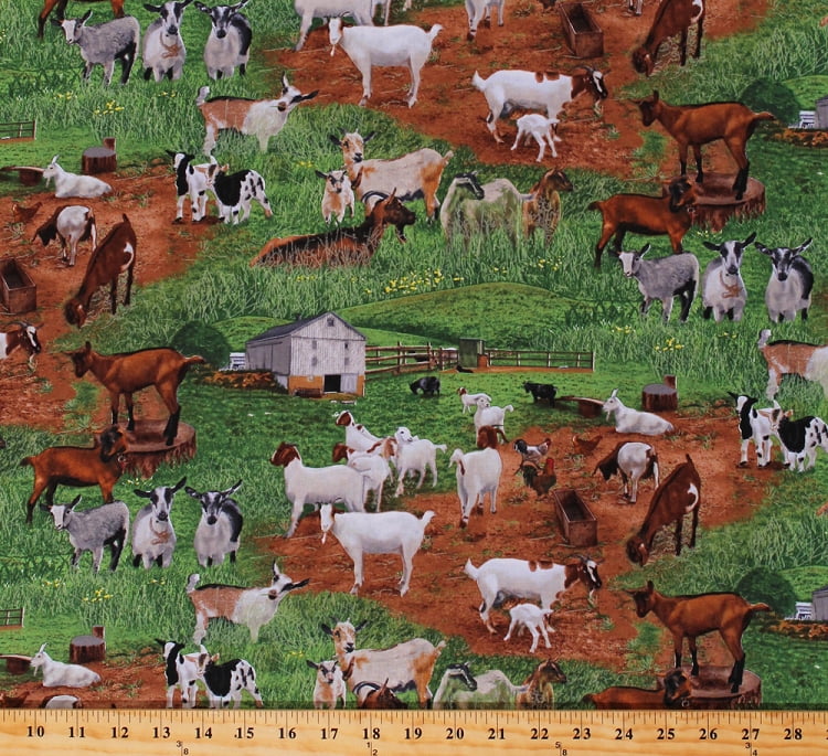 Cotton Goats Kids Barns Pastures Farm Animals Green Cotton Fabric Print ...