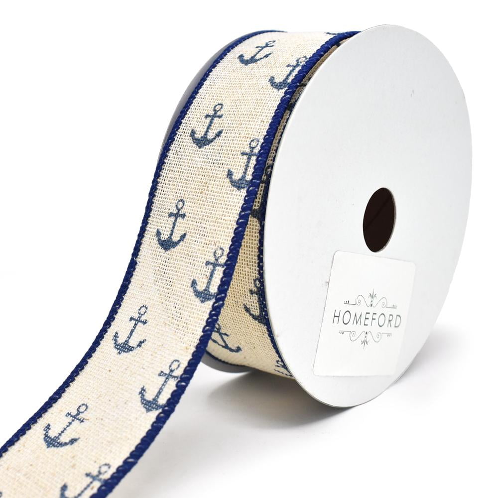 Nautical Navy Anchor Canvas Wired Ribbon, Ivory, 1-1/2-Inch, 10-Yard ...