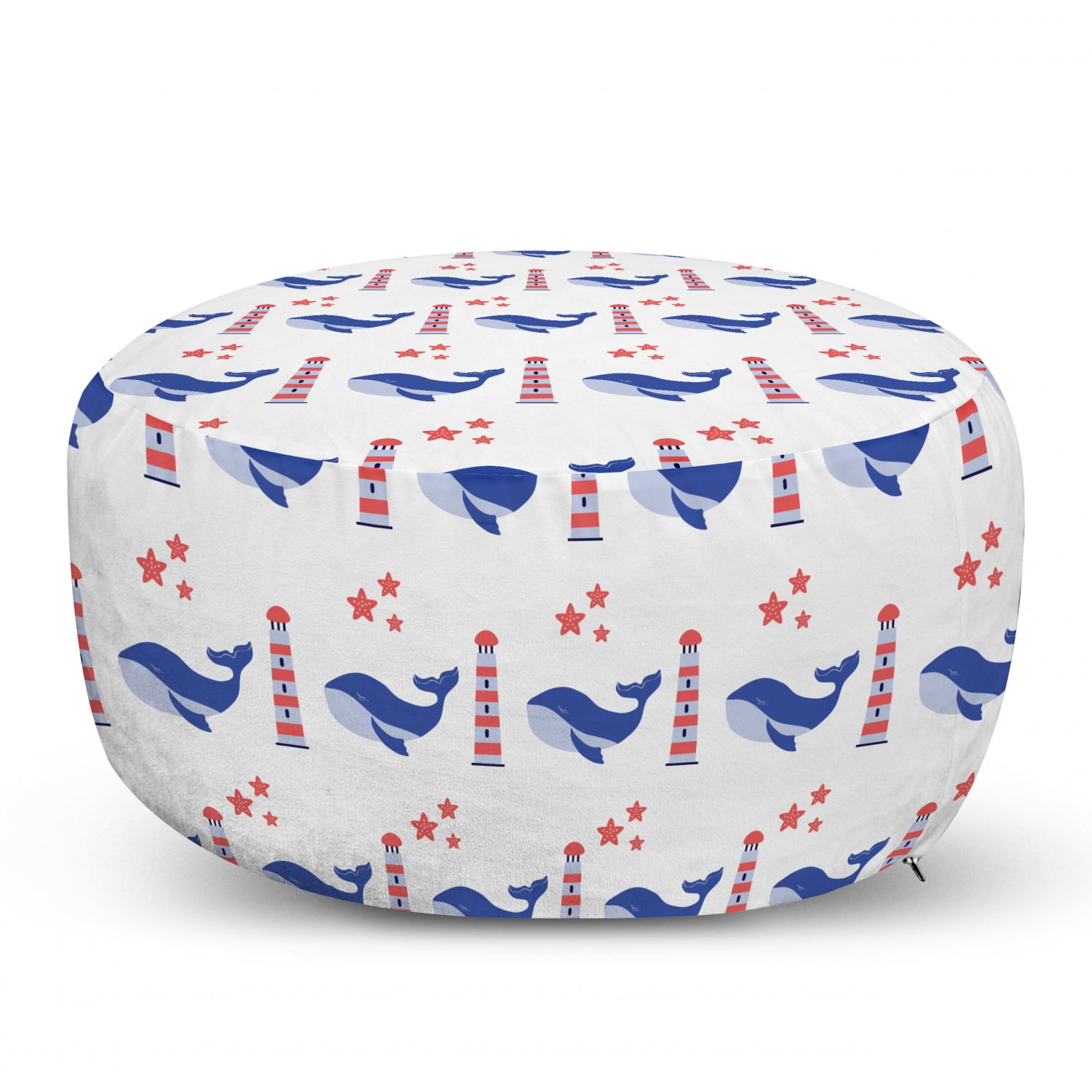Nautical Blue Pouf Cover with Zipper, Marine Themed Pattern of Whale ...
