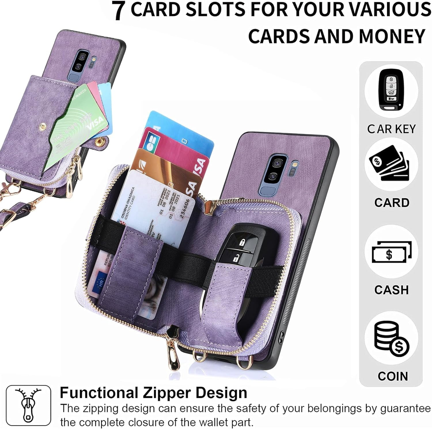 Phone Case for Samsung Galaxy S9 Plus Zipper Wallet Cover with Credit Card Holder Slot Shoulder Crossbody Strap Long Lanyard Leather Cell Silicone S9 9S 9 S 9 9plus S9plus Women Girls Purple Walmart.c...