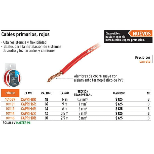 Cable primario, calibre 18, rollo 12 m, rojo Truper Cable primario ...