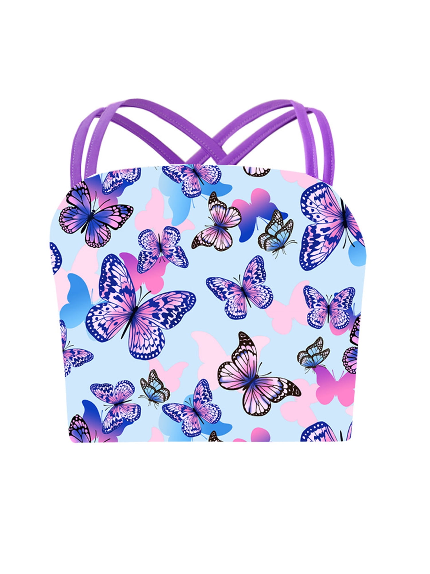 Iefiel Girls Double Cross Shoulder Straps Swimming Crop Top Vest Butterfly Prints Tankini Tank