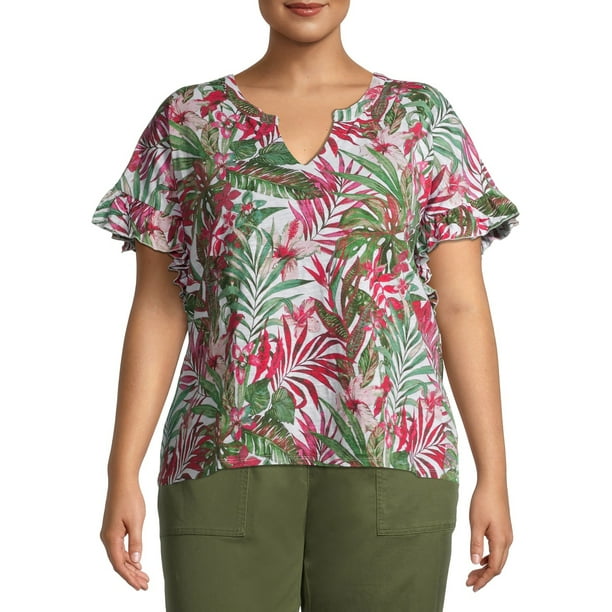 Terra And Sky Short Sleeve Pullover Ruffles Drop Shoulder T Shirt Women