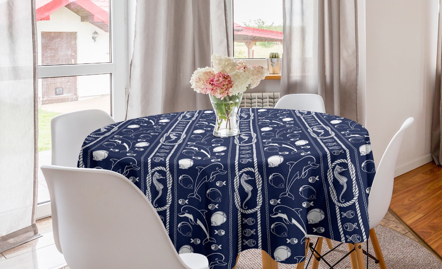 Nautical Round Tablecloth, Outline Design Sea Creatures Fishes Dolphins ...