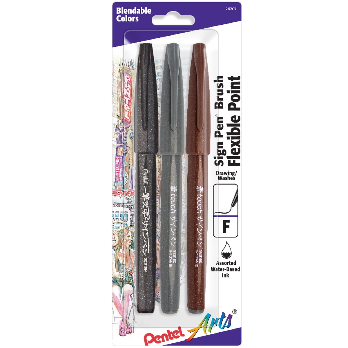 Pentel Arts Sign Pens With Brush Tip 3/Pkg-Assorted - Walmart.com
