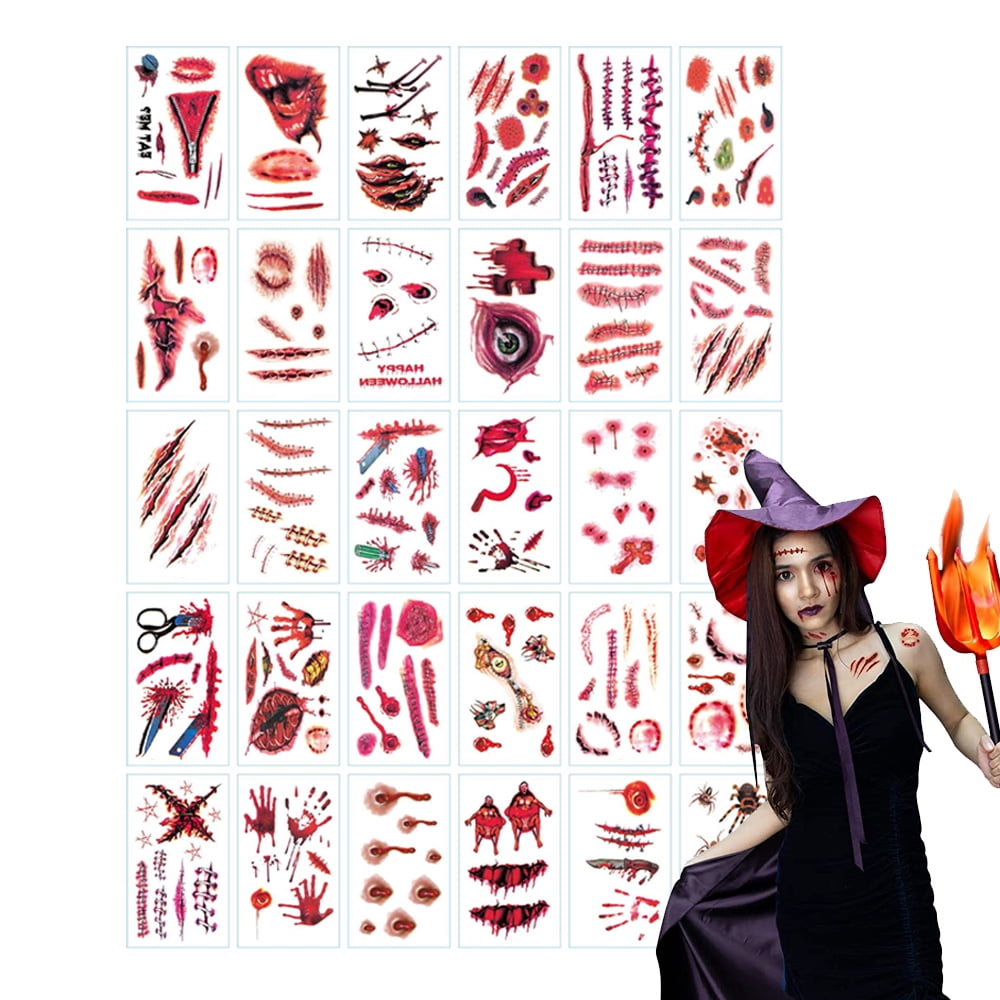 30 hojas de tatuajes temporales de Halloween, cicatrices falsas de ...