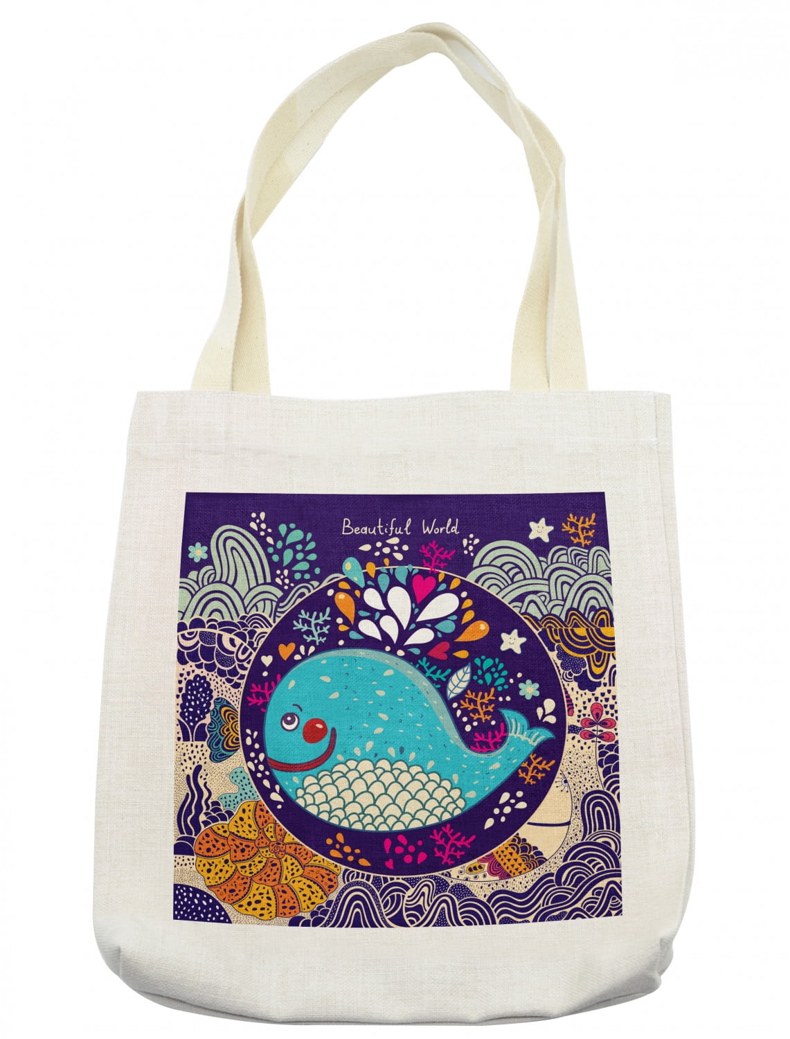 Sea Animals Tote Bag, Cartoon Illustration with Smiley Whale in Bubble ...