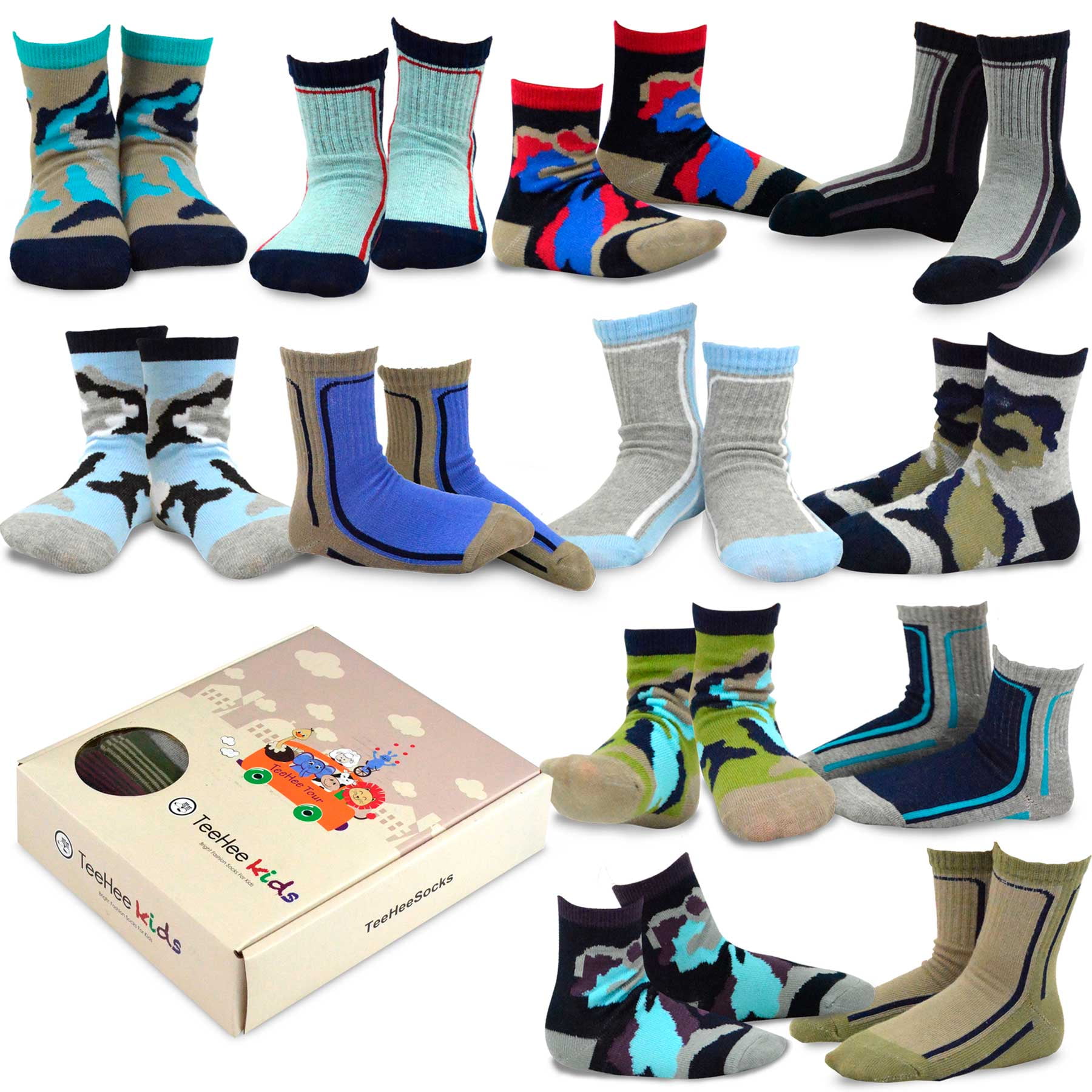 TeeHee Kids Boys Cotton Fun Crew Socks 12 Pair Pack (9-10 Years, Bold ...