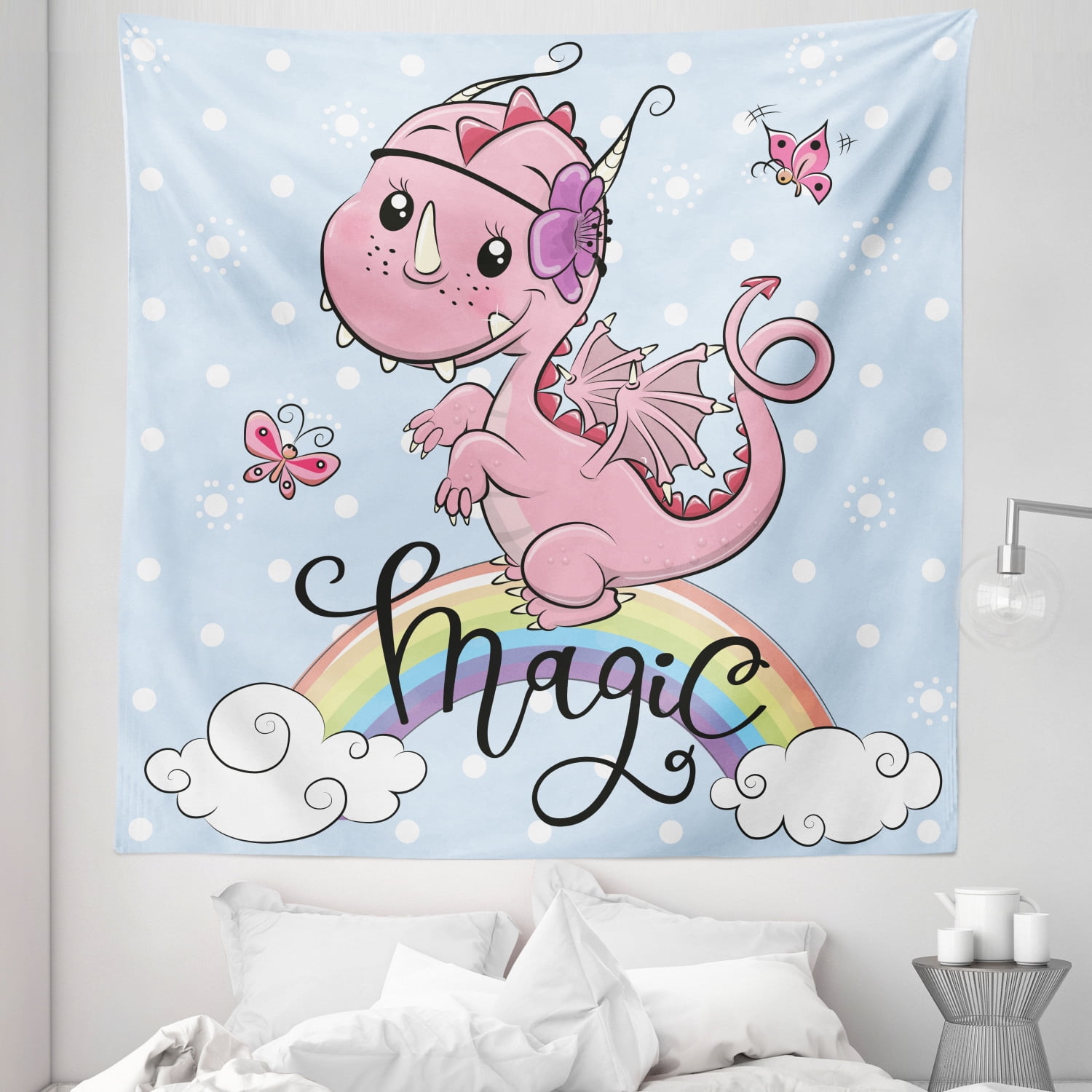 Dragon Tapestry, Magic Typography in Cursive with a Pink Cartoon Animal ...