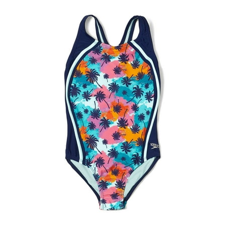 Speedo Girls' Swimsuit One Piece Thick Strap Racer Back Printed, Palm ...