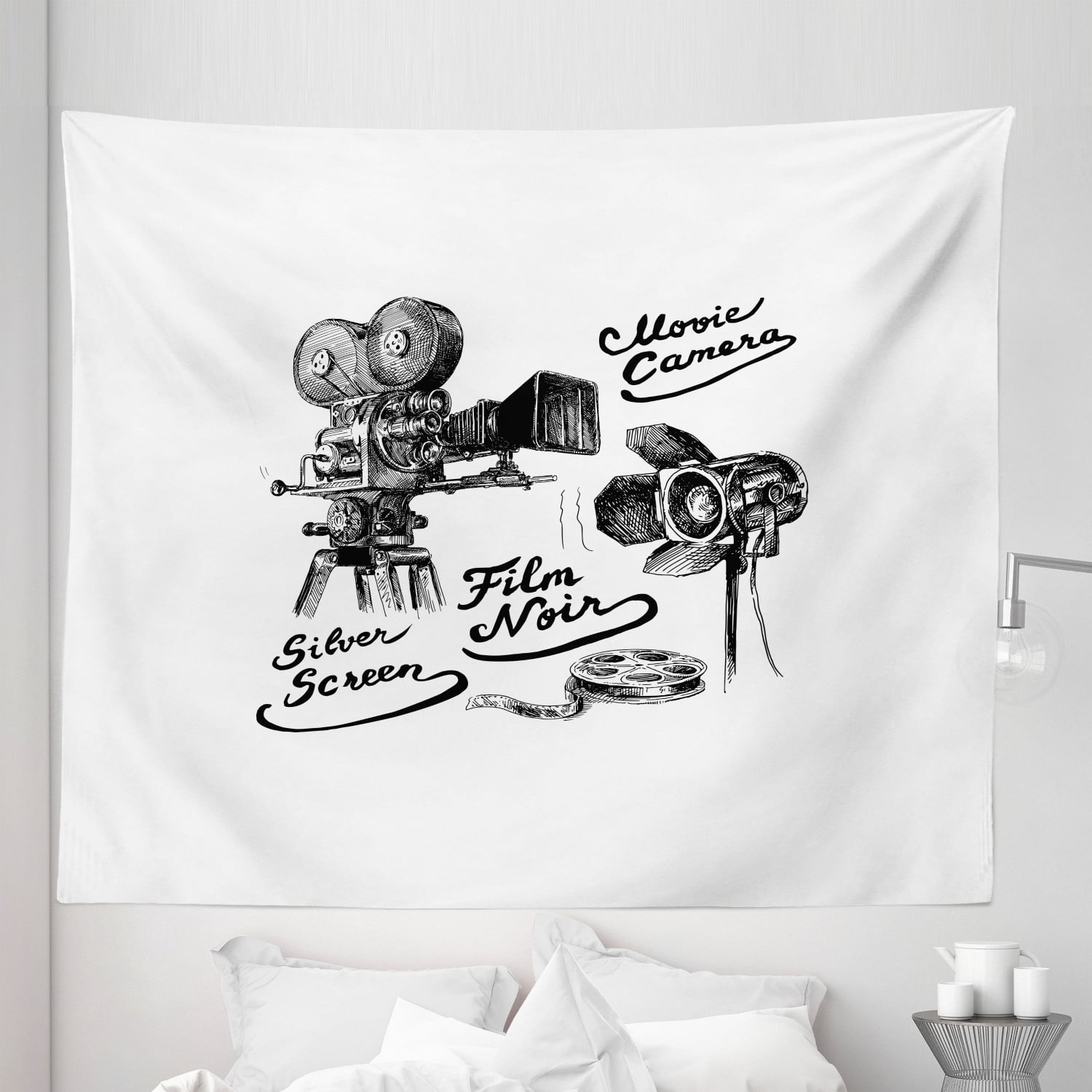 Movie Theater Tapestry, Cinematography Themed Art with Old Camera and ...