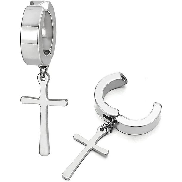 Pair Steel Ear Clip Non-piercing Clip On Earrings With Dangling Cross ...