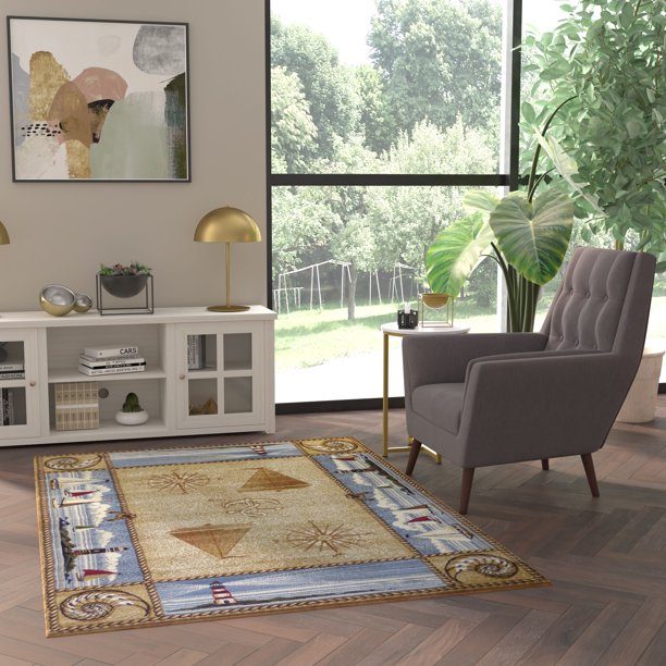 Emma + Oliver 5x7 Beige Nautical Theme Accent Rug with Coastal Scene ...