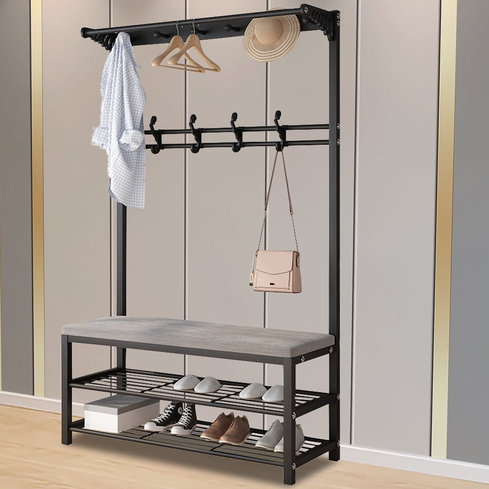 Black 3-in-1 Entryway Bench with Coat Rack and Shoe Nepal | Ubuy