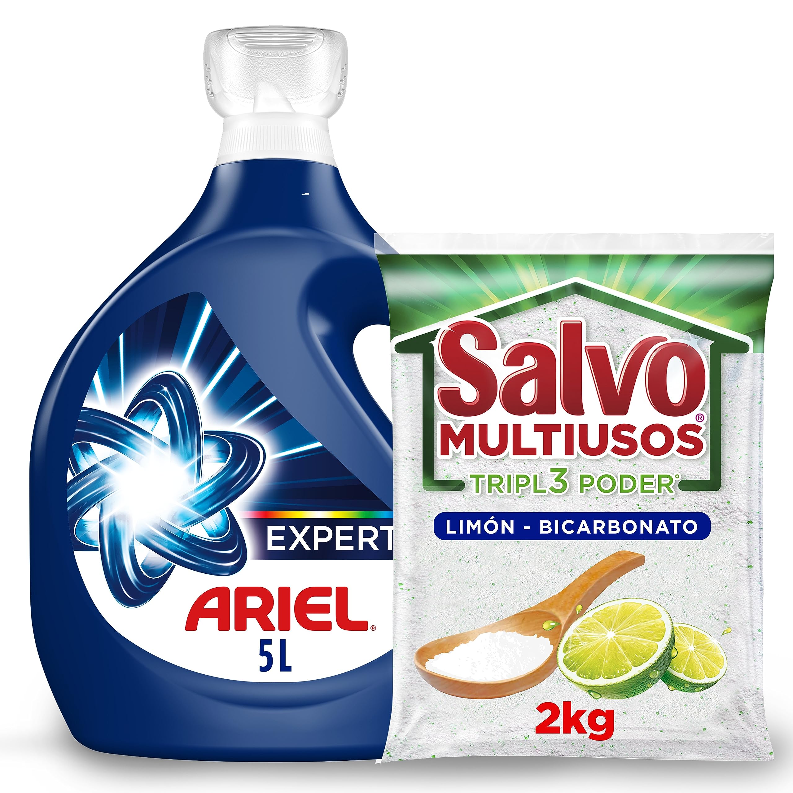 Ariel Detergente Líquido Expert, 5 L + Salvo Detergente en Polvo Multiusos Limón-Bicarbonato, 2 ...
