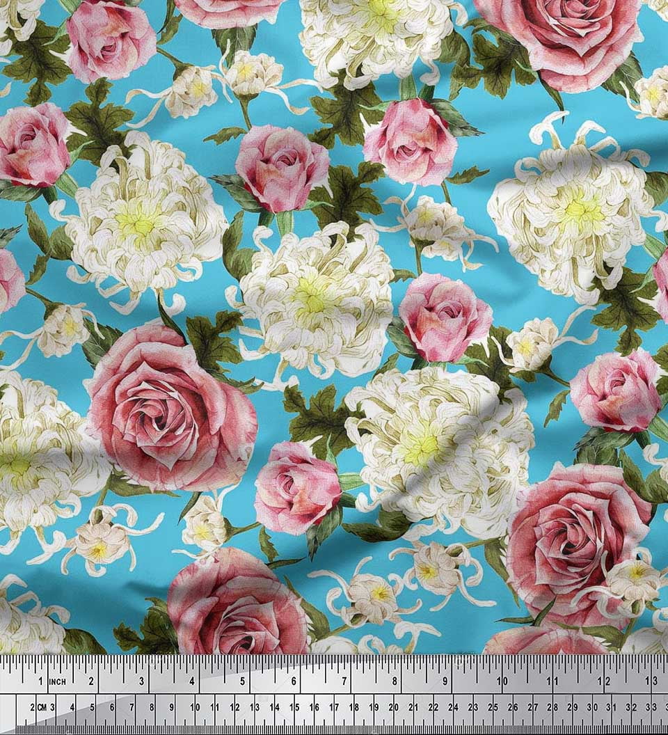 Soimoi Blue Satin Silk Fabric Leaves,White Floral & Rose Flower Printed ...