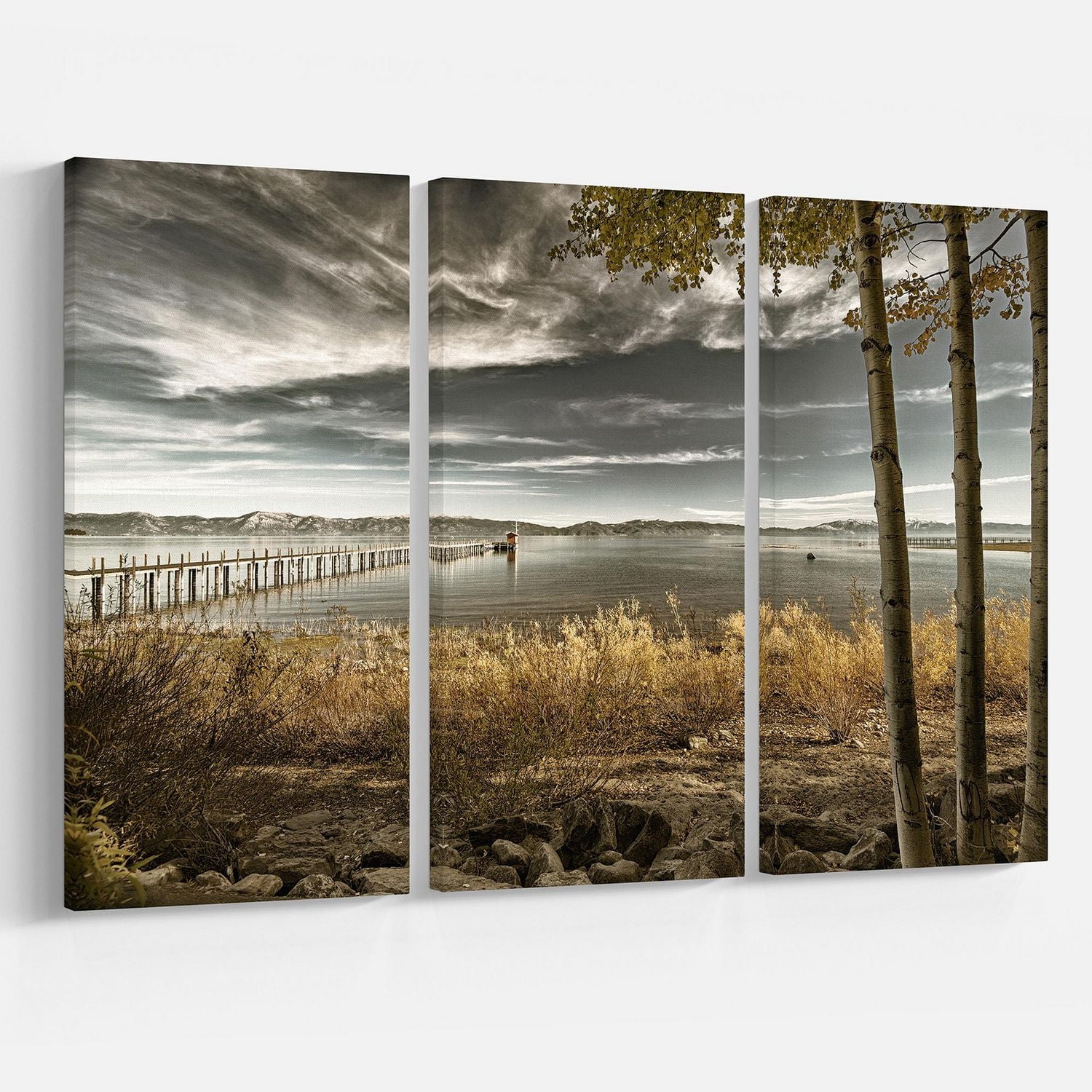 Click here for Designart Pier In Brown Lake Canvas Wall Art 36in... prices