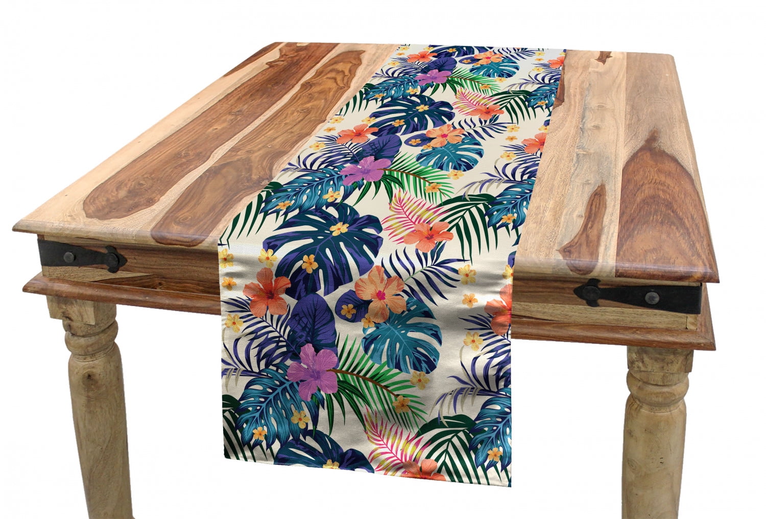 Tropical Table Runner, Flowers and Leaves of Lush Exotic Plants Tropic ...
