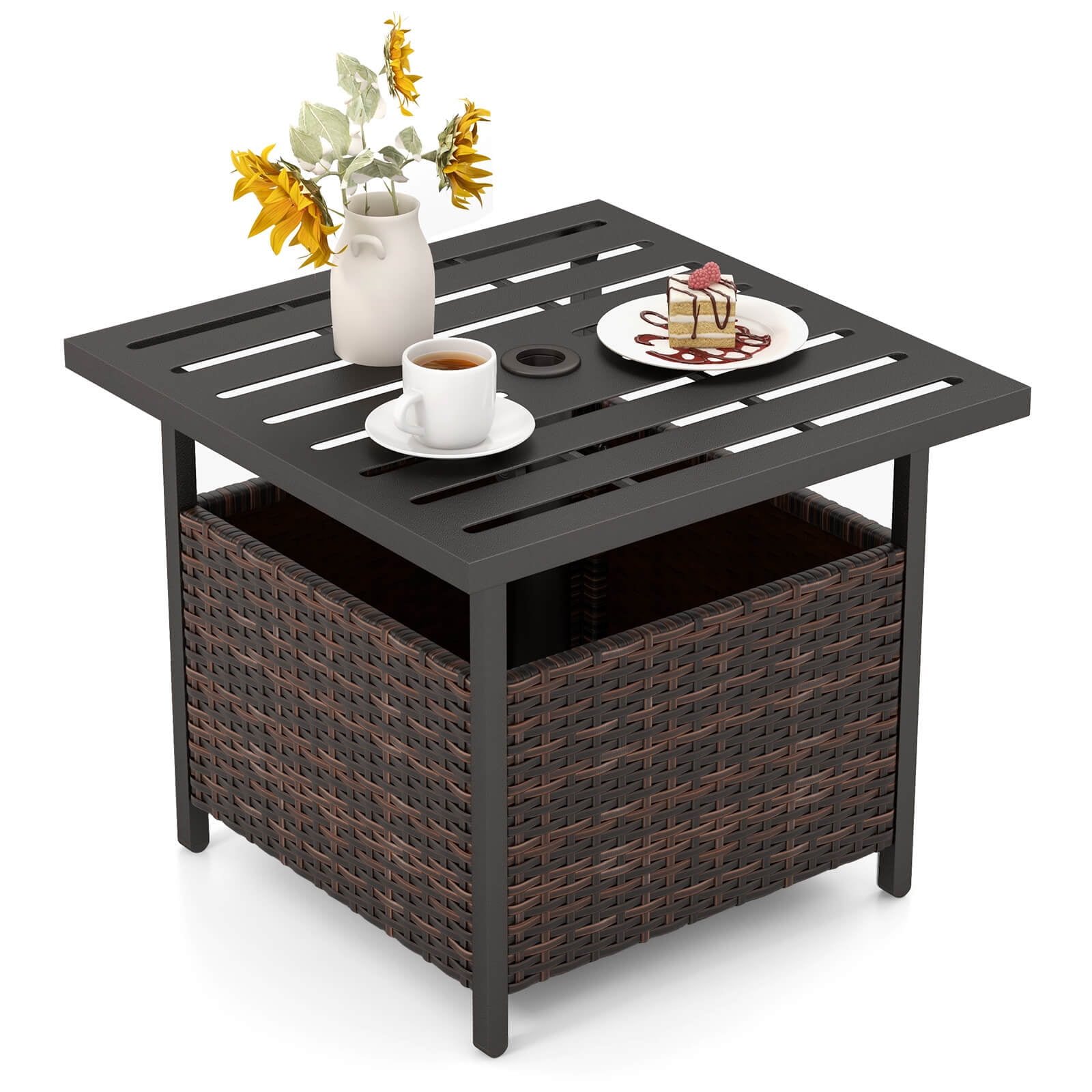 Costway Brown Rattan Wicker Steel Side Table Deck Garden Patio Pool ...