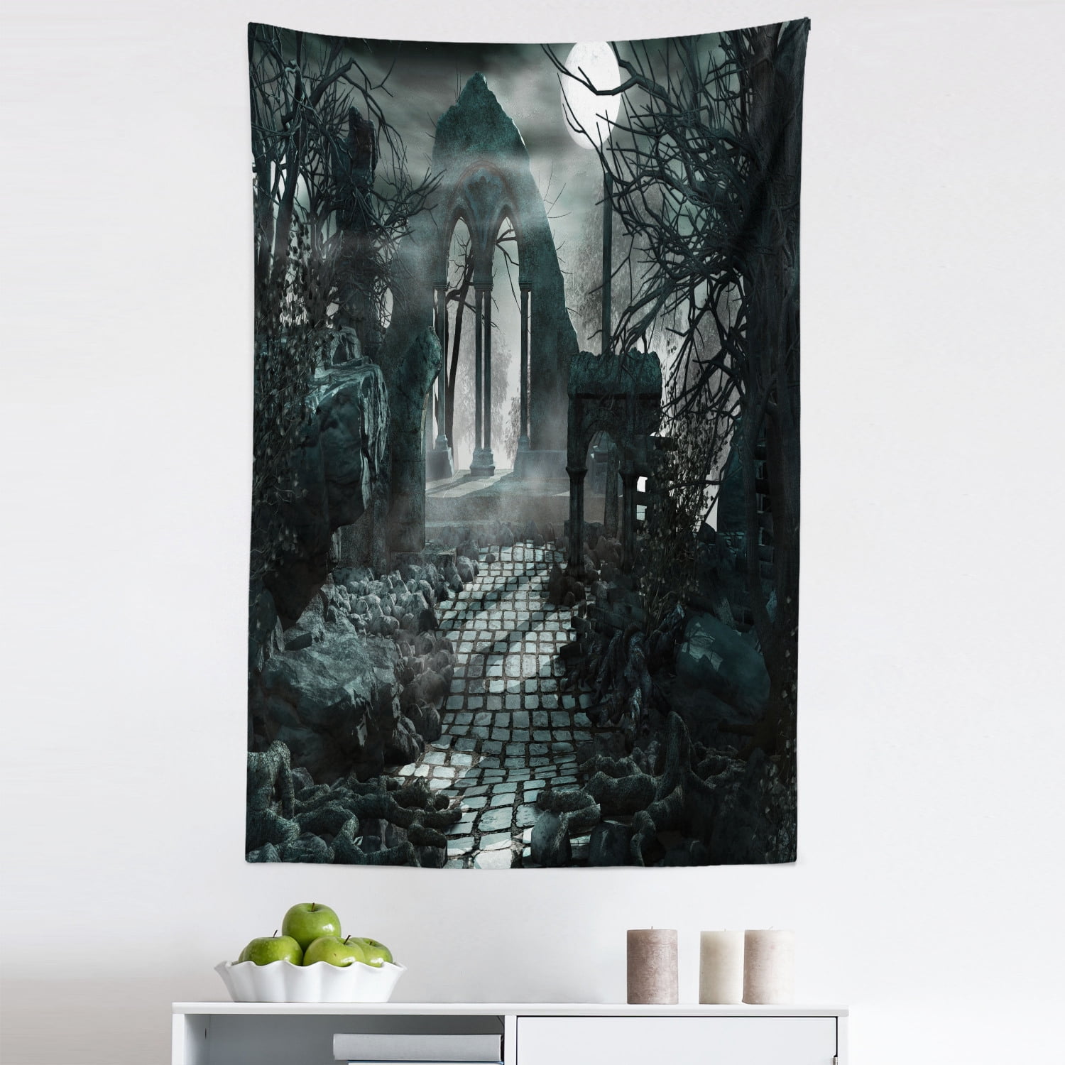 Gothic Tapestry, Full Moon over Medieval Building Ruins at Night Dark ...