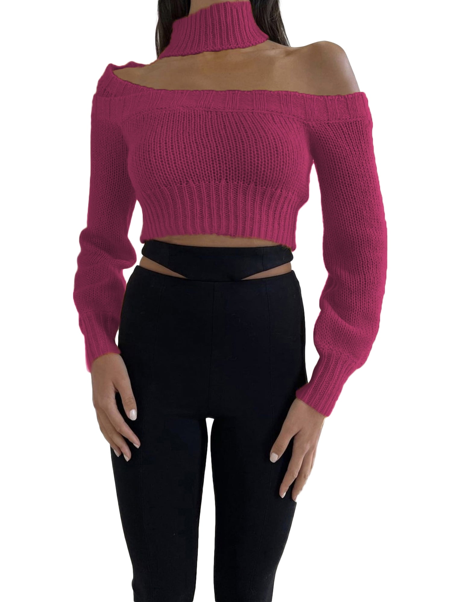 Liacowi Women Off Shoulder Crop Sweater Halter Neck Backless Long ...