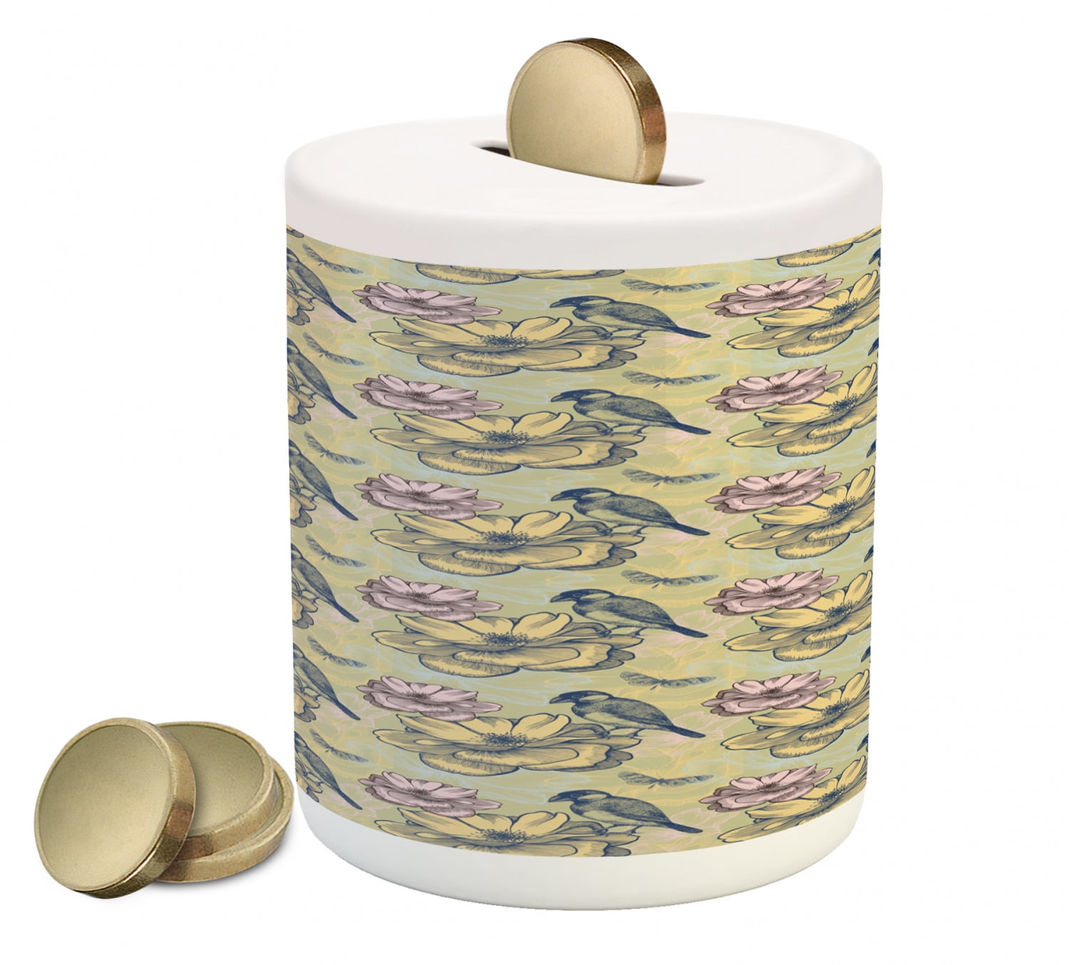 Spring Piggy Bank, Flourishing Nature Theme Hand Drawn Small Bird ...