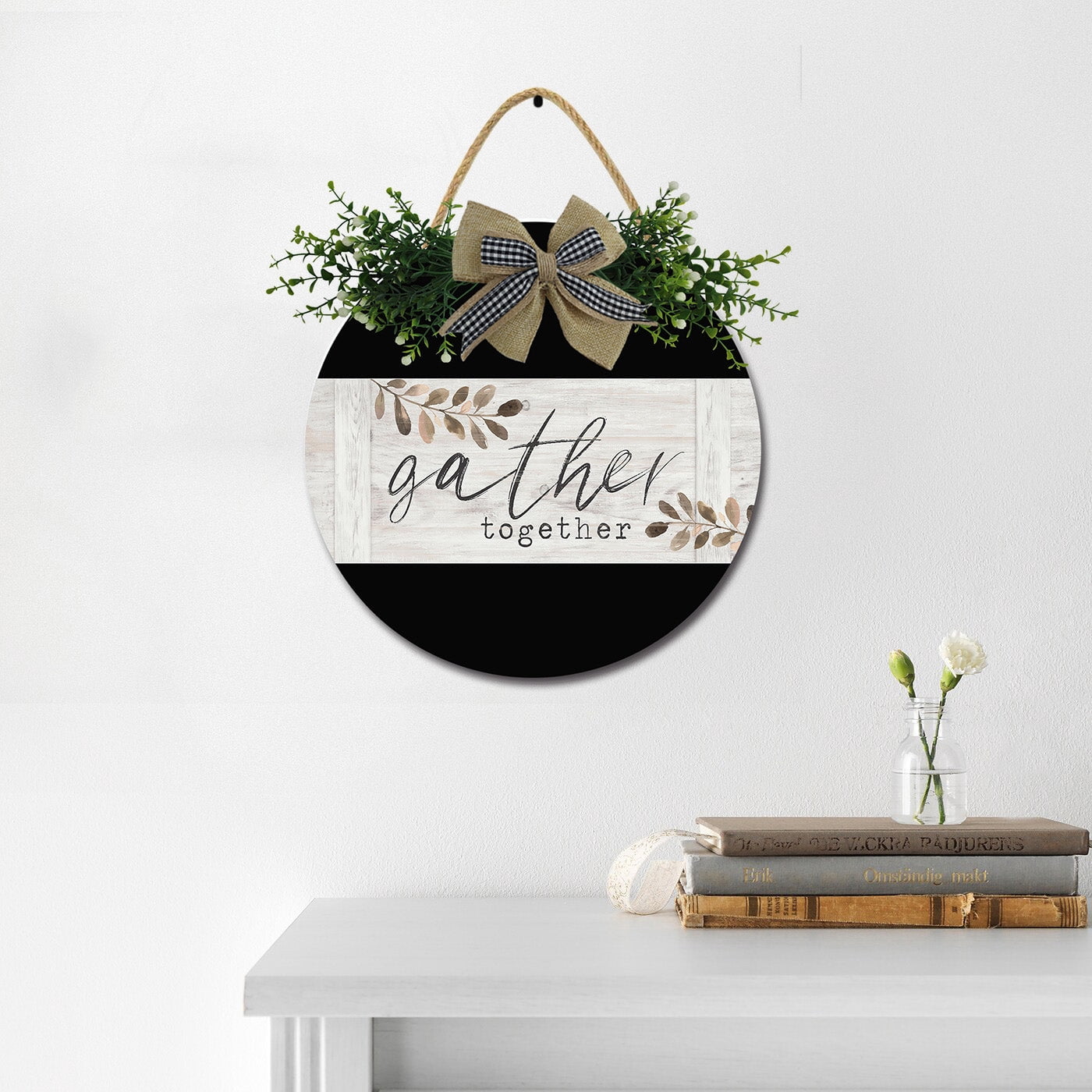 Eveokoki Gather Together Wooden Front Door Sign Rustic Round Wreath ...