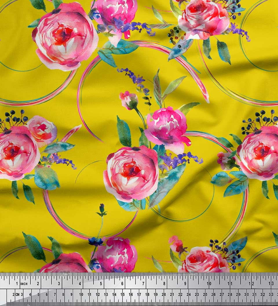Soimoi Yellow polyester Crepe Fabric Leaves & Ranunculus Floral Print ...
