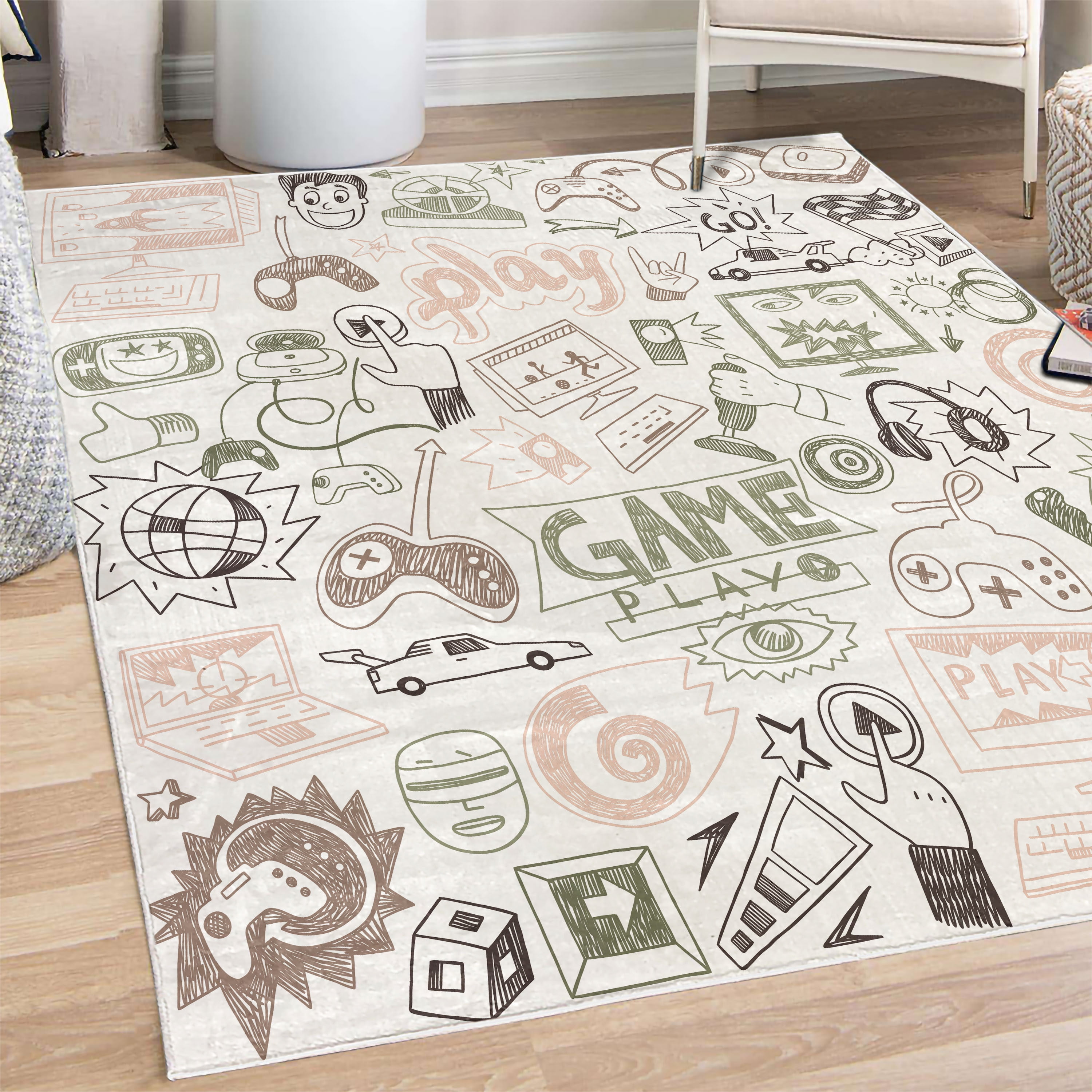 Video Games Decorative Rug, Monochrome Sketch Gaming Design Racing ...