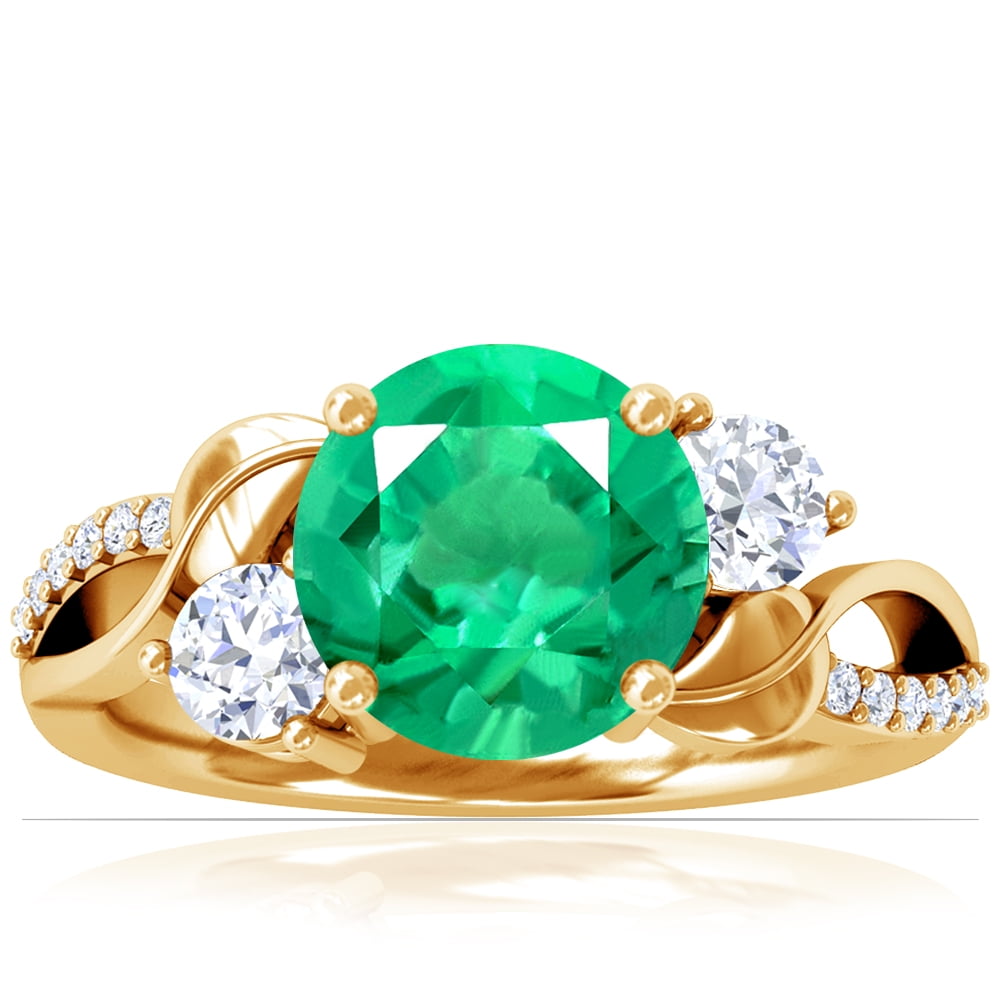 GemsNY May Birthstone - Three Stone Round Emerald ring with Round Side ...