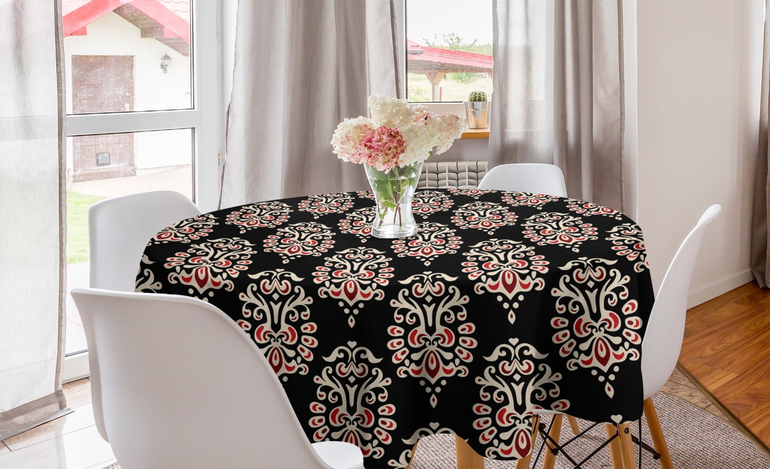 Damask Round Tablecloth, Traditional Old Fashioned Abstract Motifs ...