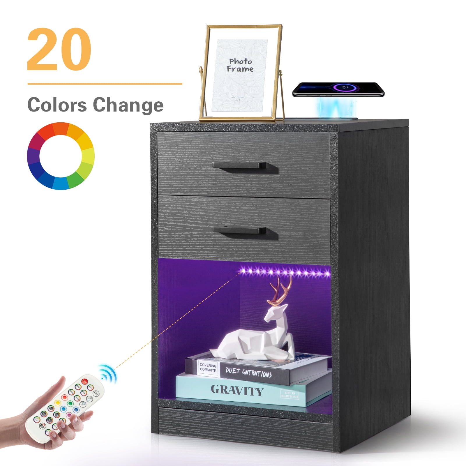 UBesGoo Nightstand with Wireless Charging Station and LED Lights ...