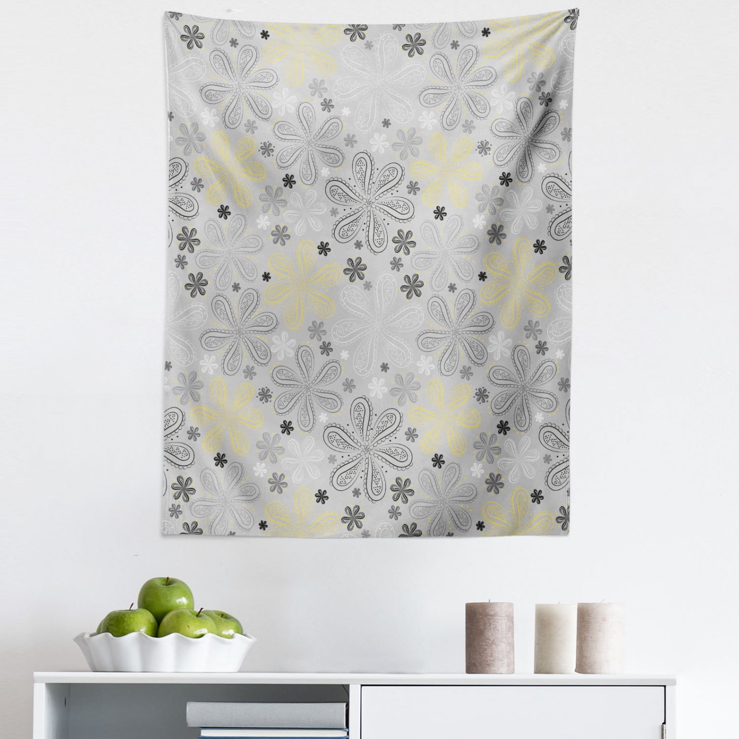 Grey Tapestry, Bohem Style Paisley Print Flowers Dots Art Image, Fabric ...