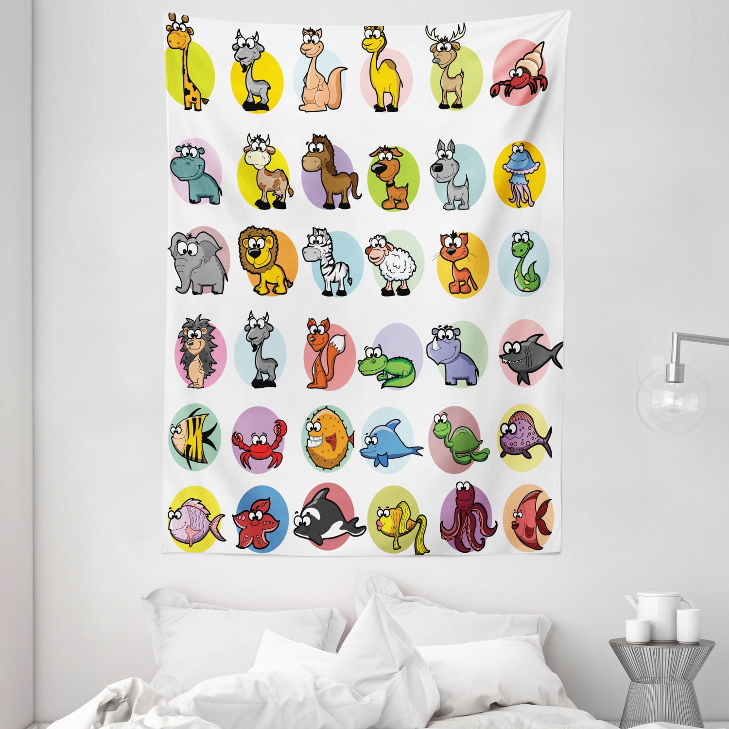 Zoo Tapestry, Funny Cute Cartoon Style Animals Set Colorful Dots Doodle ...