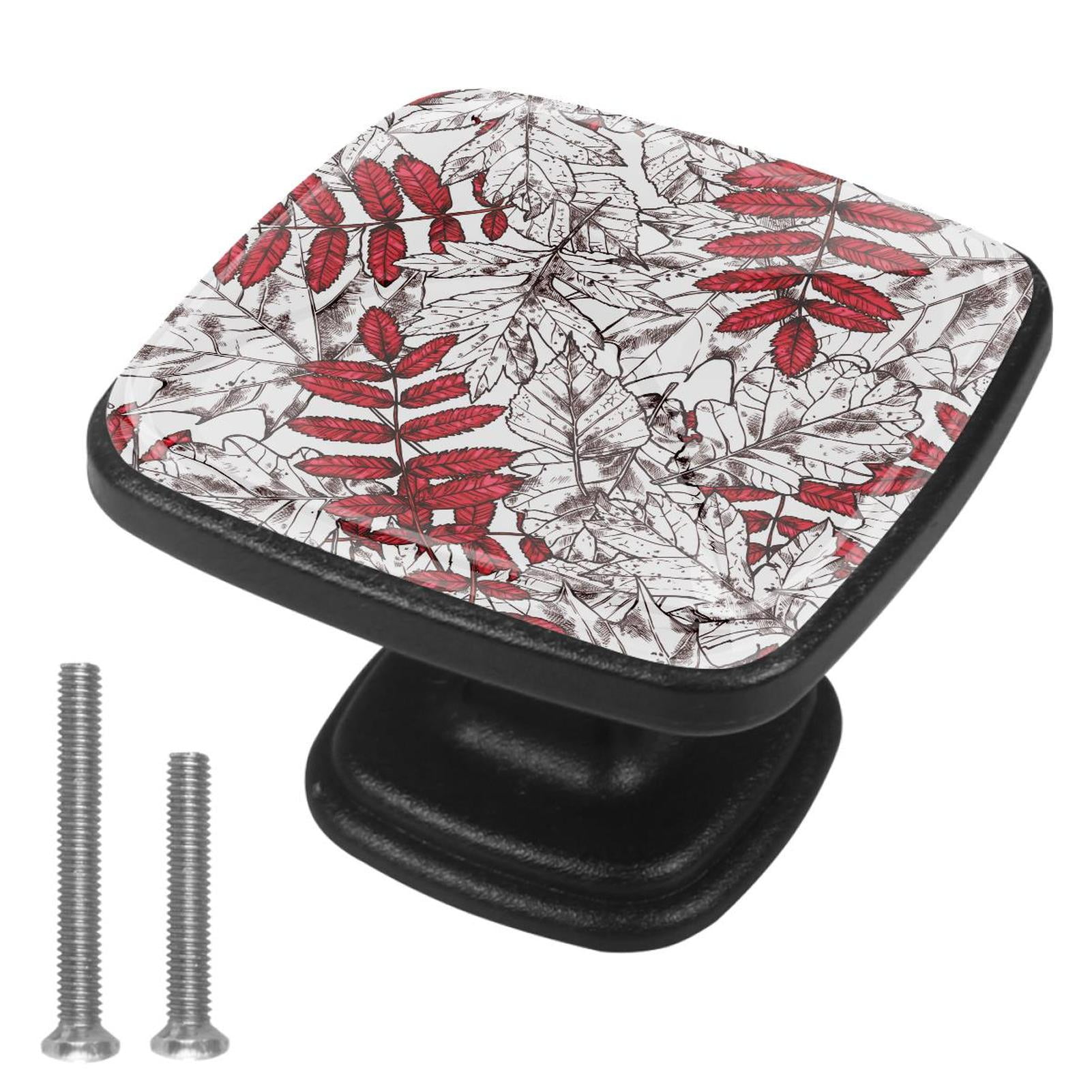 4 Pcs Cabinet Handle Drawer Pulls Red and Gray Leaves Knobs with Screws Square Furniture Office ...