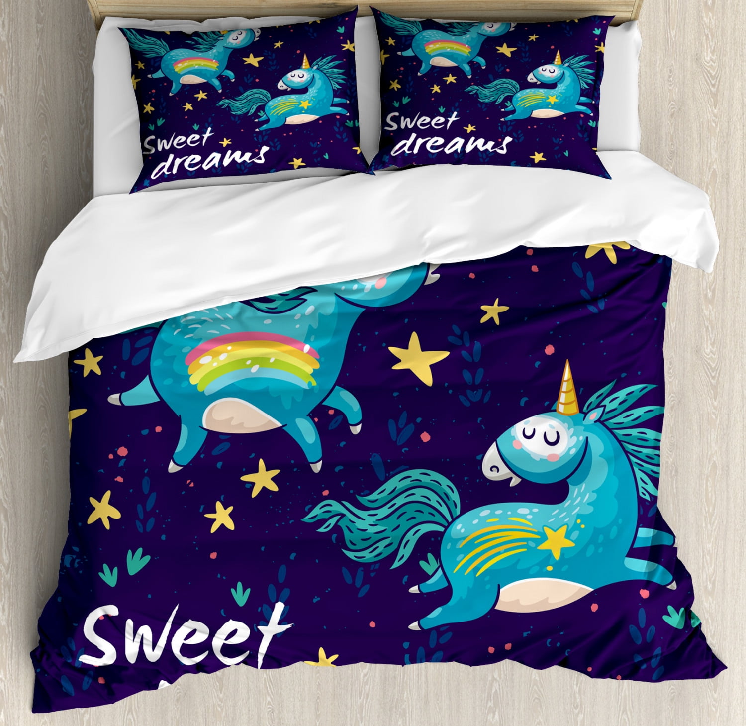 Sweet Dreams King Size Duvet Cover Set, Two Unicorns Flying in Night ...