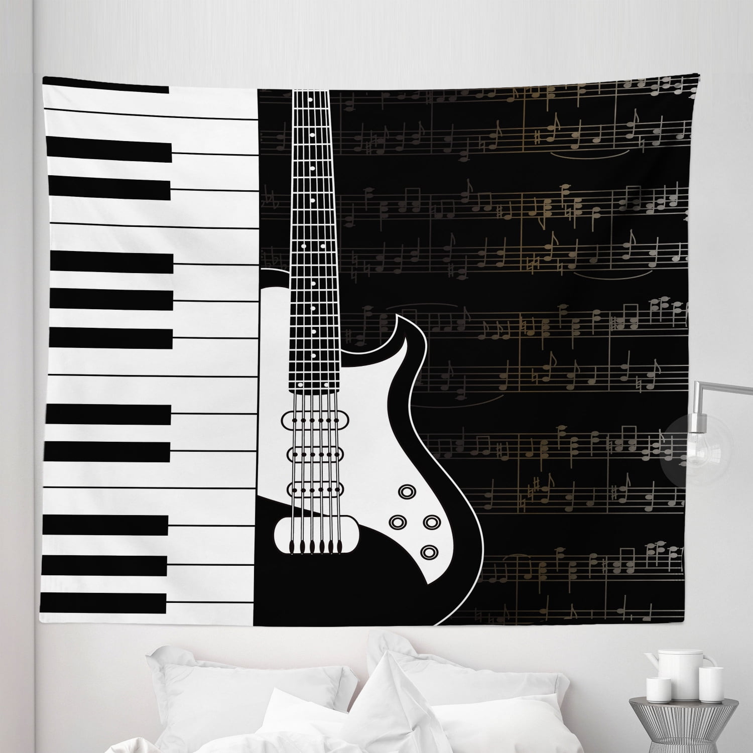 Black and White Tapestry, Music Themed Illustration of Keyboard Piano ...